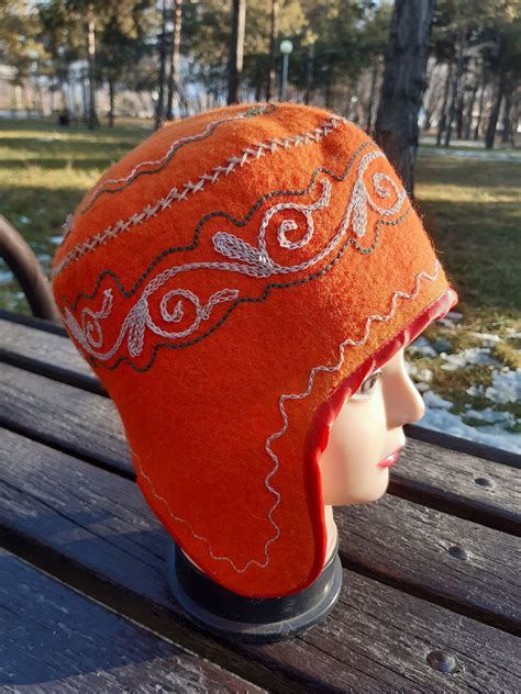 Orange Embroidered Womens Mens Hat Mongolian Kazakh National Headdress Kalpak Size 57 58cm Eco