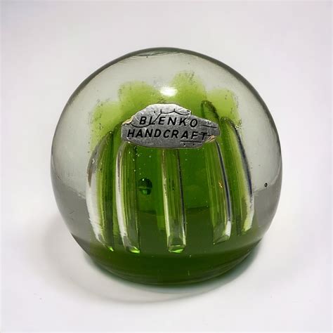Blenko Glass 3” Paperweight Green With Controlled Bubbles Vintage Sticker