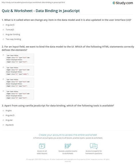 Quiz And Worksheet Data Binding In Javascript