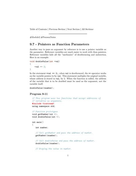 9 7 pointers as function parameters table of contents previous