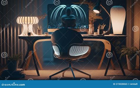 элегантный домашний офис в темной комнате с компьютером на столе