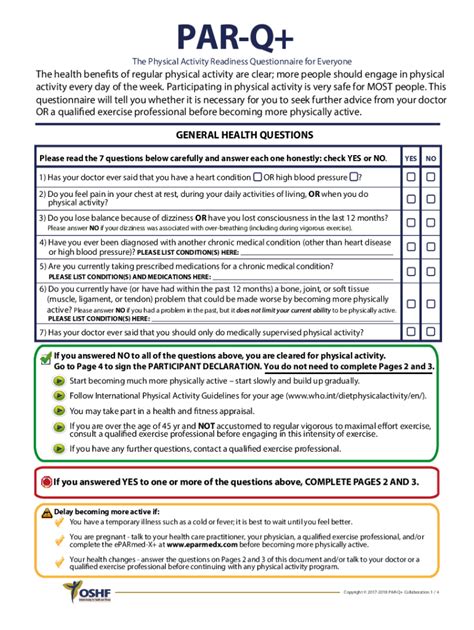 Physical Activity Readiness Questionnaire Blank Fillable Template