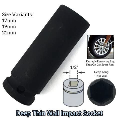 17mm 19mm 21mm Thin Wall Impact Deep Socket 12 For Car Wheel Nut