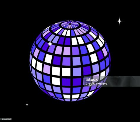 반짝반짝 빛나는 보라색 디스코 볼 별이 있는 빛나는 거울 구체 나이트 클럽 미러볼 요소 포스터 배너 음악 커버 파티 블루 레트로 와이어 프레임 글로브 또는 행성 벡터
