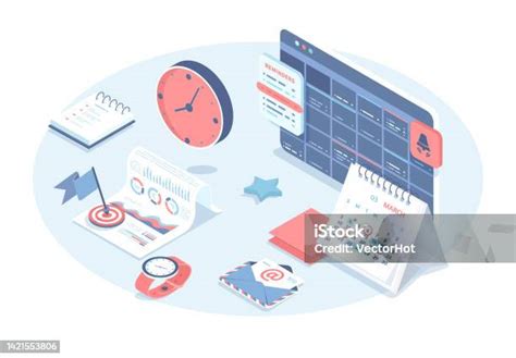 전자 일정 및 달력 계획 모바일 주최자 앱 페이지 인터페이스 시간 관리 할 일 목록 사용 회의 이벤트에 대한 알림 3d 디자인의 벡터 일러스트레이션 아이소메트릭 웹 배너