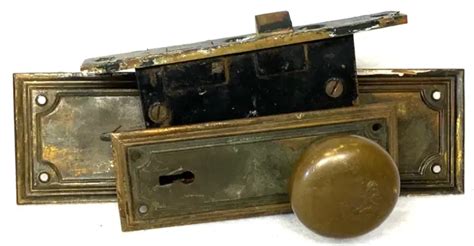 Antique Brass Door Latch Assemblycorbincomplete Set2 Knobsplateslockno Key £16021