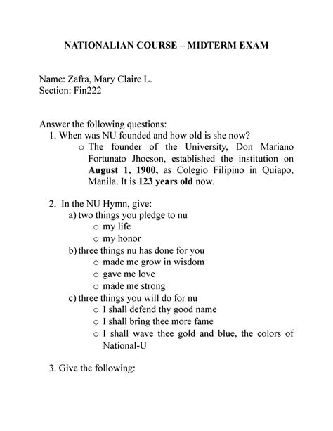 Midterm EXAM NATC BNationalian Course NATIONALIAN COURSE MIDTERM EXAM Name Zafra Mary