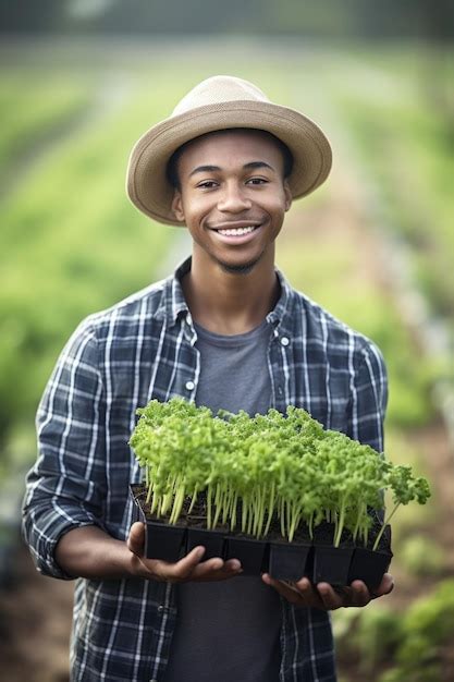Premium Ai Image Shot Of A Young Man Holding Seedlings On His Farm Created With Generative Ai