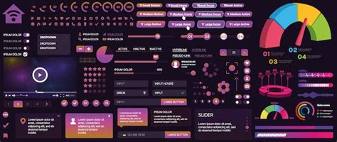 모바일 앱 및 웹 사이트의 Ui 구성 요소 집합 버튼 패널 메뉴 슬라이더 및 차트를 포함합니다 프리미엄 벡터