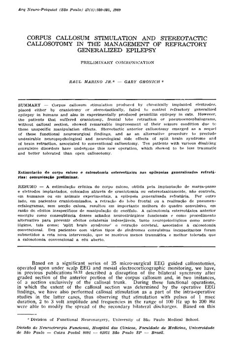 Pdf Corpus Callosum Stimulation And Stereotactic Callosotomy In The Management Of Refractory