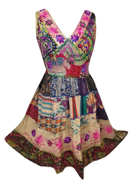 Plus Size Patchwork Dress Knee Length Embroidered Smocked Back One Size