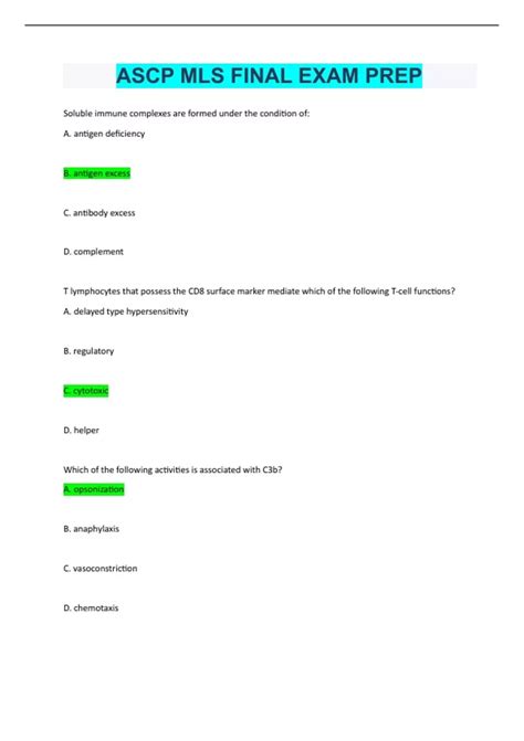 Ascp Mls Final Exam Prep Questions With 100 Correct Answers Verified 20 Pages Ascp Mls