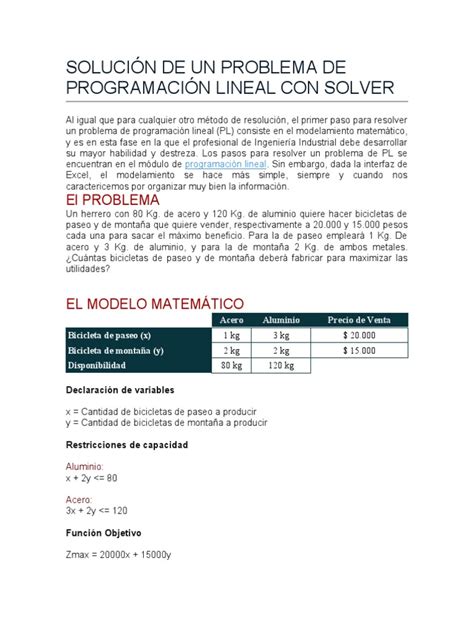 SoluciÓn De Un Problema De ProgramaciÓn Lineal Con Solver Pdf Programación Lineal Hoja De