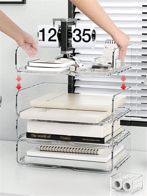 2pcs Set Transparent Stackable Desktop File Storage Box And Magazine Organizer Office