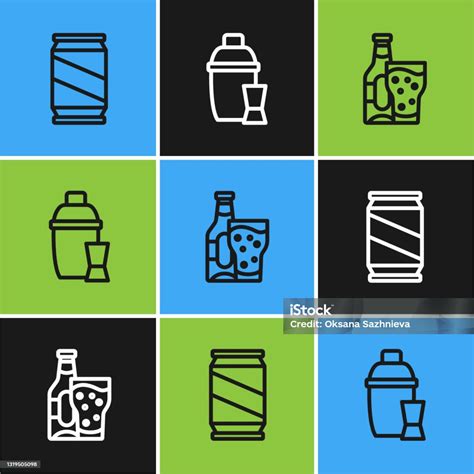 세트 라인 맥주 캔 병과 유리 및 칵테일 셰이커 아이콘 벡터 Ale에 대한 스톡 벡터 아트 및 기타 이미지 Ale 가득 찬