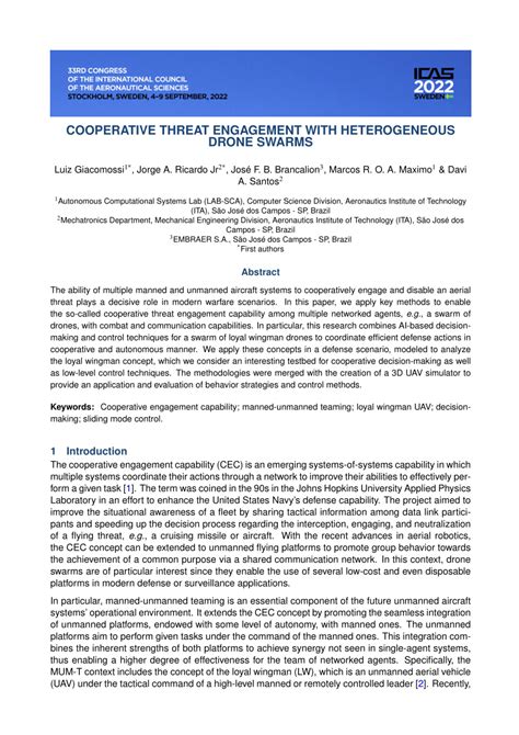 Pdf Cooperative Threat Engagement With Heterogeneous Drone Swarms