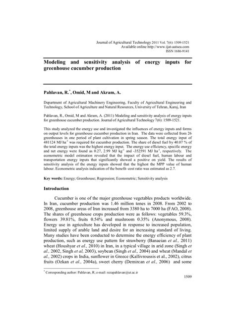 Pdf Modeling And Sensitivity Analysis Of Energy Inputs For Greenhouse Cucumber Production