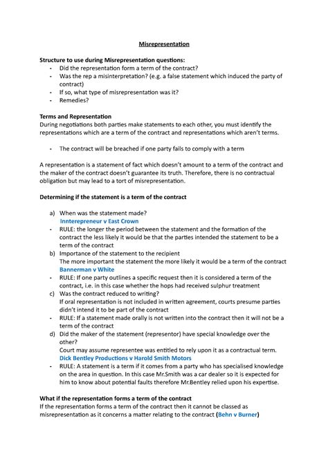 Misrepresentation Notes Misrepresentation Structure To Use During Misrepresentation Questions