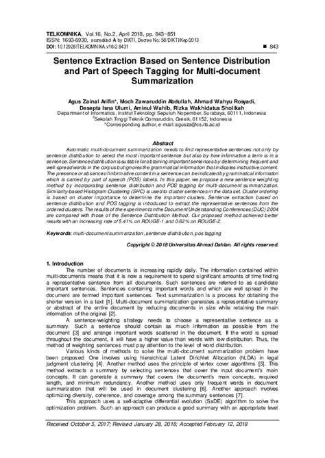 Pdf Sentence Extraction Based On Sentence Distribution And Part Of Speech Tagging For Multi