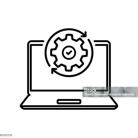 얇은 라인 노트북과 기어 휠은 업데이트와 같습니다 Lineart 스타일 트렌드 현대적인 최소 로고타입 스트로크 아트 디자인 웹 요소는 흰색 배경에 분리되어 있습니다 개발