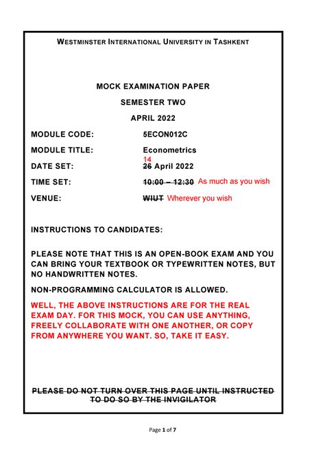 Mock Final Exam Econometrics WESTMINSTER INTERNATIONAL UNIVERSITY IN TASHKENT MOCK
