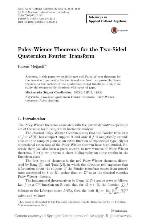 Paley Wiener Theorems For The Two Sided Quaternion Fourier Transform Request Pdf