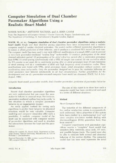 Pdf Computer Simulation Of Dual Chamber Pacemaker Algorithms Using A