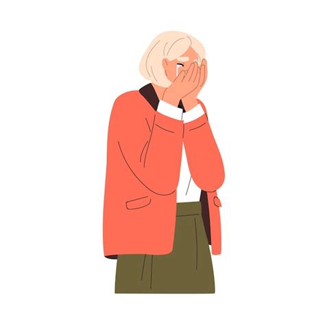 슬픔과 절망에 빠진 여자 울고 울고 슬픔에 잠긴 손바닥으로 얼굴을 가리고 눈물을 흘리는 화가 난 불행한 사람 평면 그래픽 벡터 일러스트 레이 션 흰색 배경에 고립