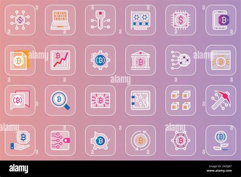 Bitcoin Mining Web Glassmorphic Icons Set Pack Outline Pictograms Of