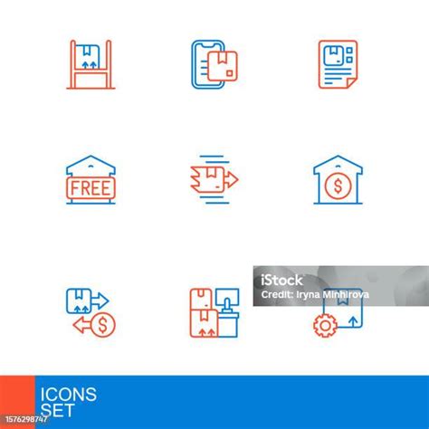 패키지 상자 창고 상자 세금 판지 가격 무료 저장 공간 상자 운송장 및 문서 추적 마커 아이콘으로 라인 기어를 설정합니다 벡터 무료에 대한 스톡 벡터 아트 및 기타 이미지