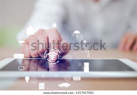 Close Man Hand Press On Display Stock Photo Shutterstock