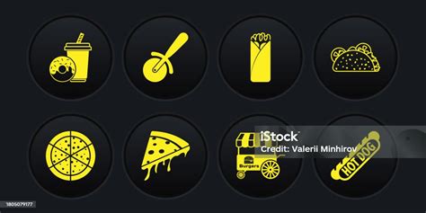 세트 피자 또띠아 타코 피자 조각 패스트 스트리트 푸드 카트 부리 토 나이프 핫도그 샌드위치 및 소다 음료 도넛 아이콘 벡터 거리에 대한 스톡 벡터 아트 및 기타 이미지