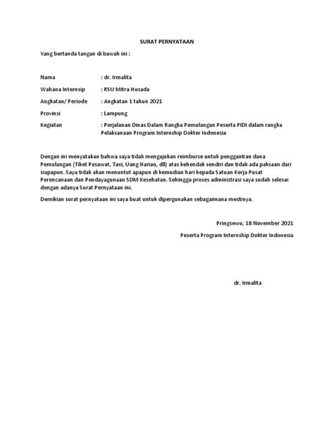 Surat Pernyataan Non Reimburse Pdf