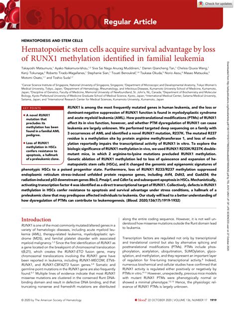 Pdf Hematopoietic Stem Cells Acquire Survival Advantage By Loss Of Runx1 Methylation