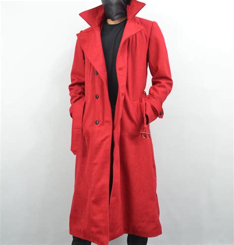 Mens Double Breasted Red Long Genuine Wool Casual Belted Trench Coat