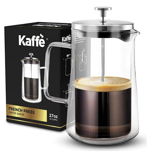 kaffe 대형 프렌치 프레스 커피 메이커 및 캠핑 커피 포트 이중벽 단열 붕규산 유리 차 및 커피 프레 티몬