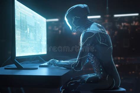 Ai Cyborg Android Robot Working With Laptop In Office Chat Gpt Artificial Intelligence Chatbot