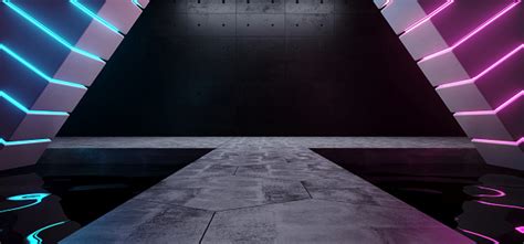미래 과학 Fi 현대 외계인의 우주선 어두운 빈 그런 지 구체적인 룸 삼각형 모양 반사 물 파도와 파란색과 보라색 빛나는 네온 조명 배경 3d 렌더링 0명에 대한 스톡 사진