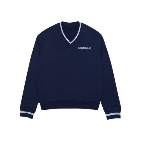 스포티 앤 리치 로고 자수 브이넥 스웨트셔츠 네이비 Sporty Rich KREAM