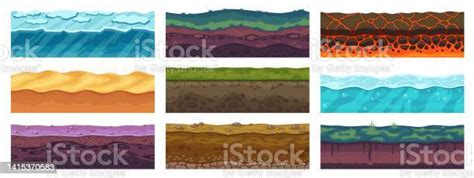 게임 레벨 그라운드 레벨 건설을위한 다양한 질감과 재료의 원활한 바닥 바위 얼음 잔디 모래 생물 생물 자산 벡터 지구 텍스처 자연 환경 용암에 대한 스톡 벡터 아트 및 기타