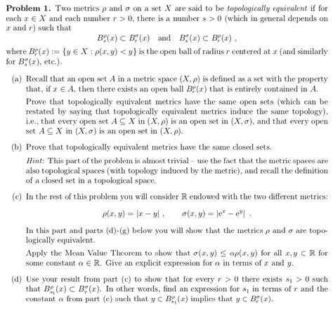Solved Problem Two Metrics And On A Set X Are Said To Chegg