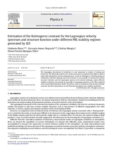 Pdf Estimation Of The Kolmogorov Constant For The Lagrangian Velocity Spectrum And Structure