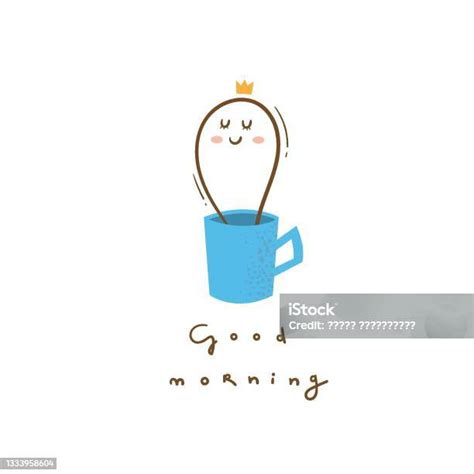 머그잔과 음료가 있는 카드 좋은 아침 소원 귀여운 캐릭터 프린트 유치한 낙서 일러스트레이션 뜨거운 차 포스터와 만화 컵 가공의 인물에 대한 스톡 벡터 아트 및 기타 이미지