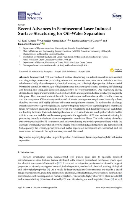 Pdf Recent Advances In Femtosecond Laser Induced Surface Structuring For Oilwater Separation