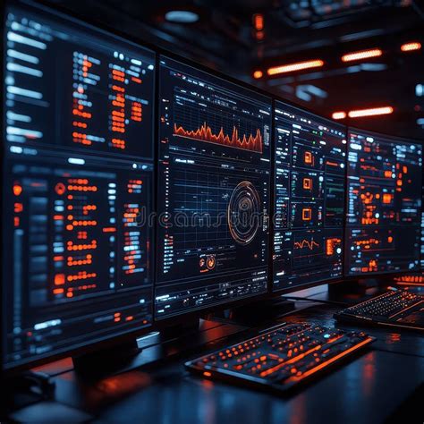 high tech control room with multiple screens displaying data and analytics stock illustration