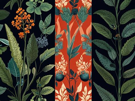 A Repeating Pattern Of Plants With Flowers And Leaves In Different
