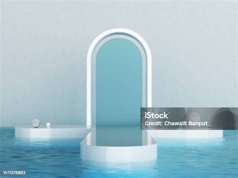 플랫폼 연단 활주로 캣워크 삼방 아치 흰색 반사와 수영장 또는 물 잔물결 파동에 파란색 서리가 내린 유리 콘크리트 벽 디스플레이 캣워크 무대에 대한 스톡 사진 및 기타