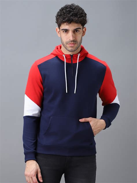 Mens Blue Red Cotton Color Block Hooded Neck Sweatshirt Urbano Fashion