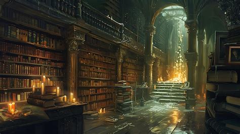 A mystical library where shelves stretch endlessly filled with ancient tomes and floating ...