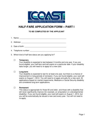 Half Fare Application Form Blank Fillable Template Fill Out Print